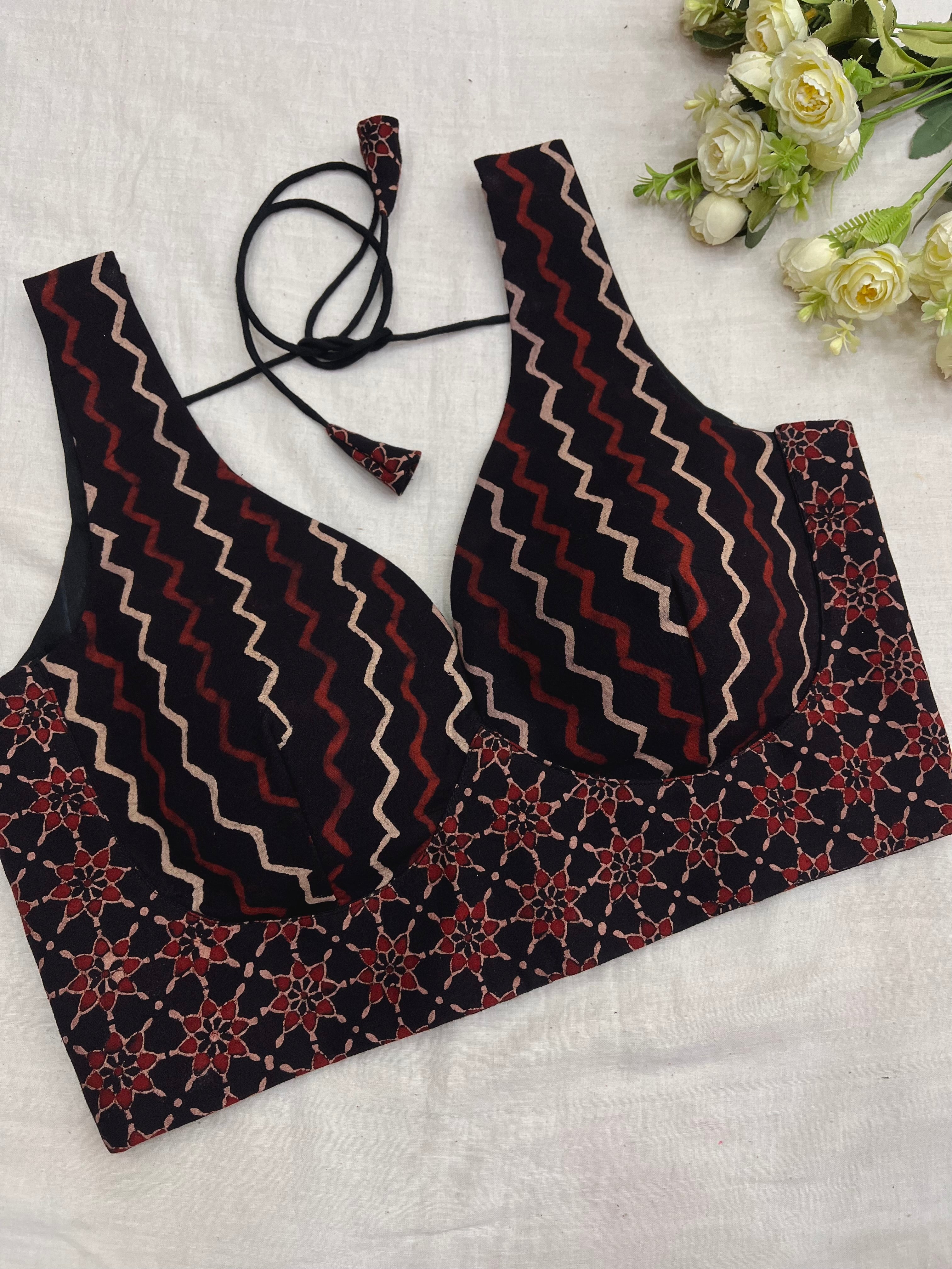 Black & Maroon Ajrakh Print Sleeveless Blouse – The Loom Store