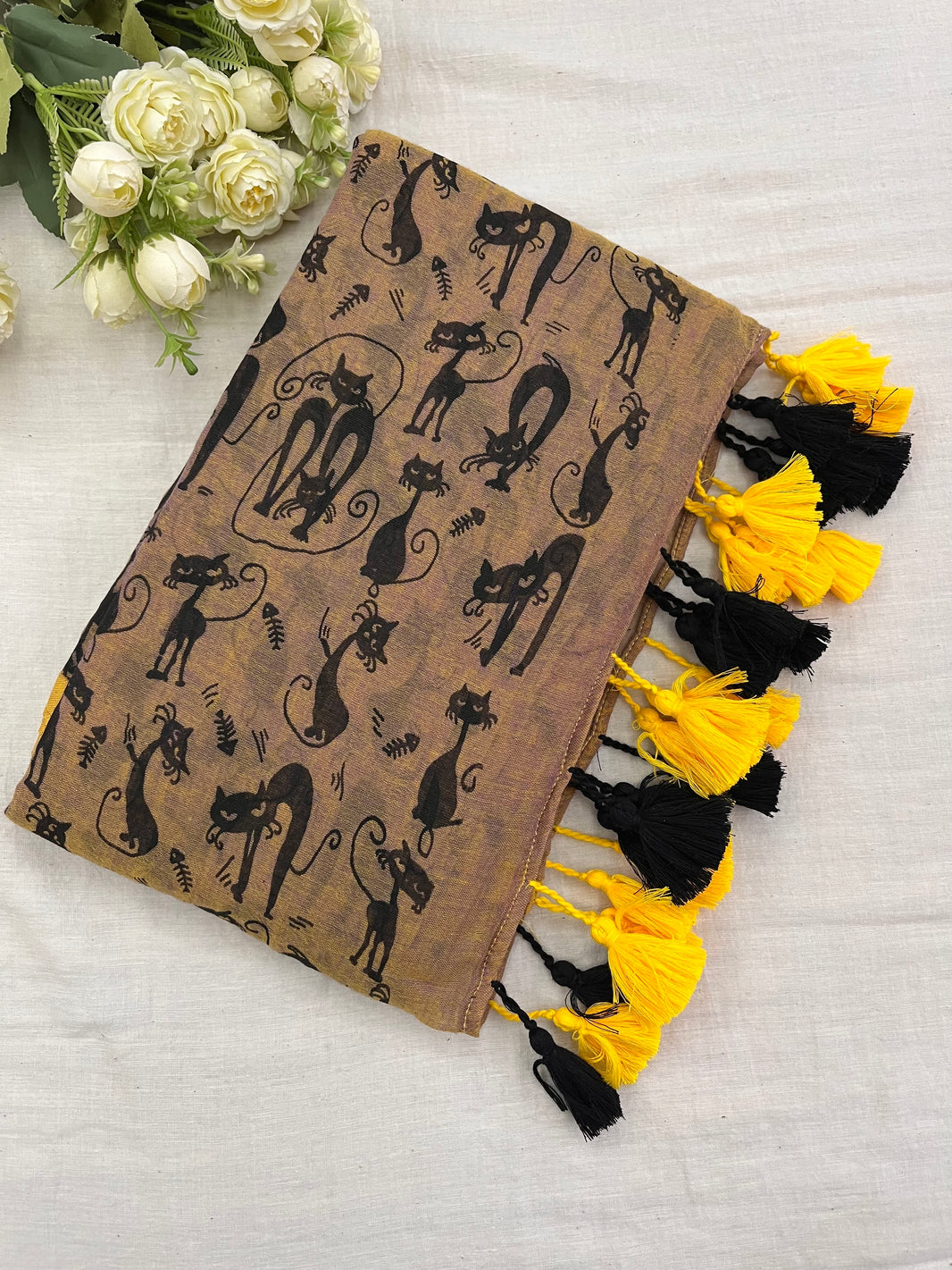 Cat Print Mulmul Saree – The Loom Store